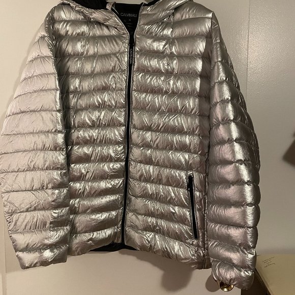 Calvin Klein | Jackets & Coats | Calvin Klein Silver Metallic Down ...